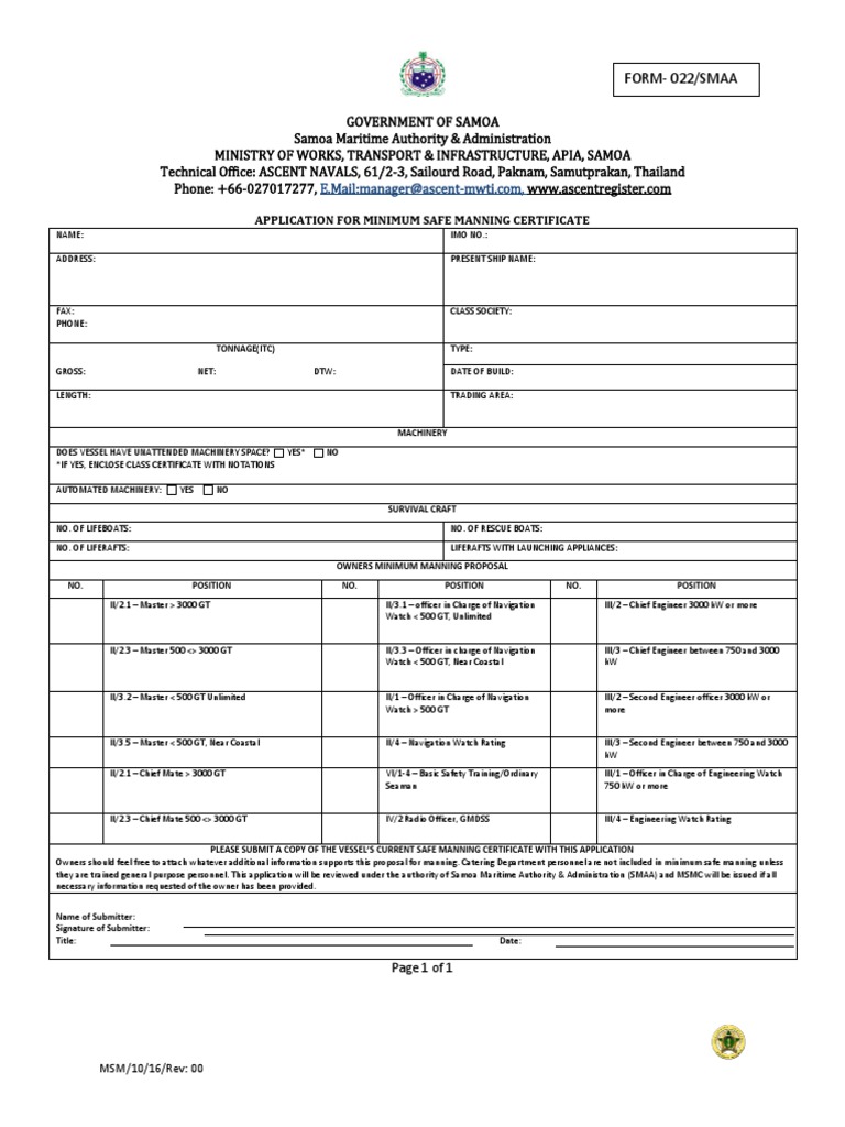 Samoa Safe Manning Certificate Application | PDF | Industries | Ships