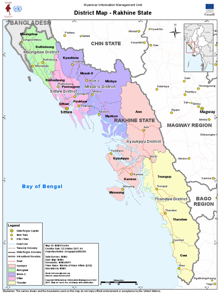 State Map District Rakhine MIMU764v04 23Oct2017 A4 | Geomatics | Navigation