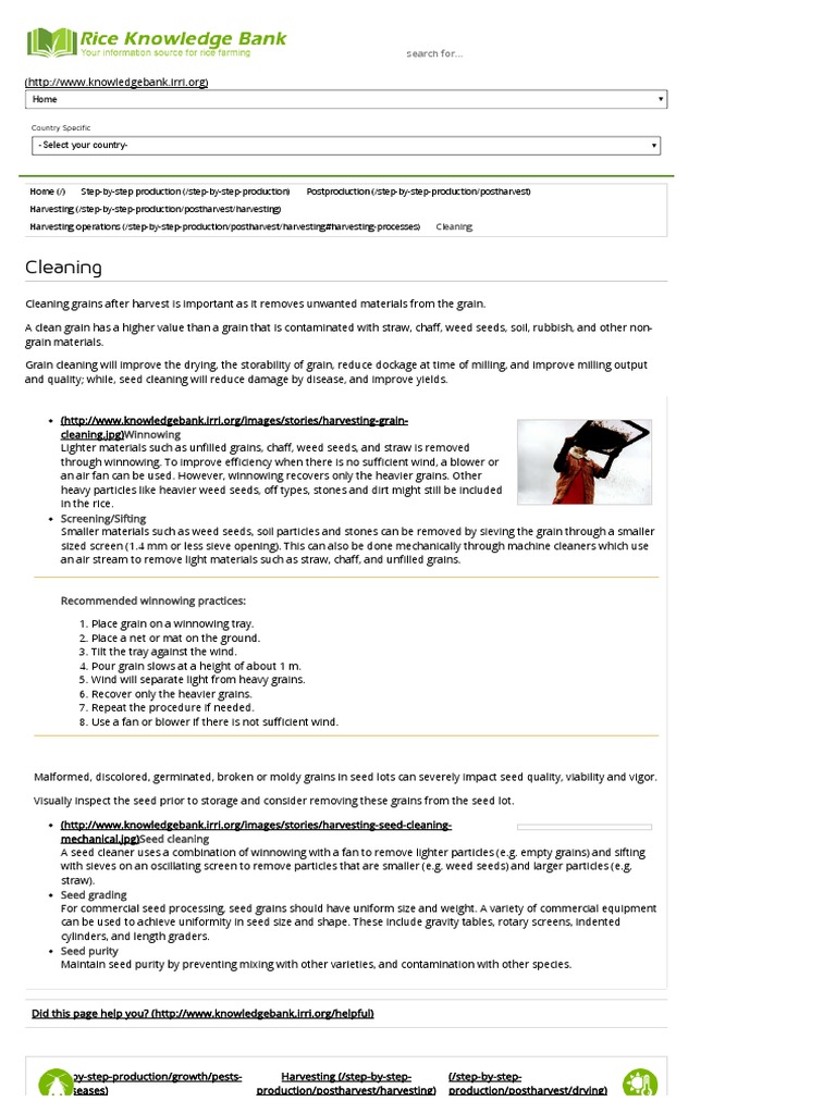 Cleaning - IRRI Rice Knowledge Bank | PDF | Postharvest | Cereals