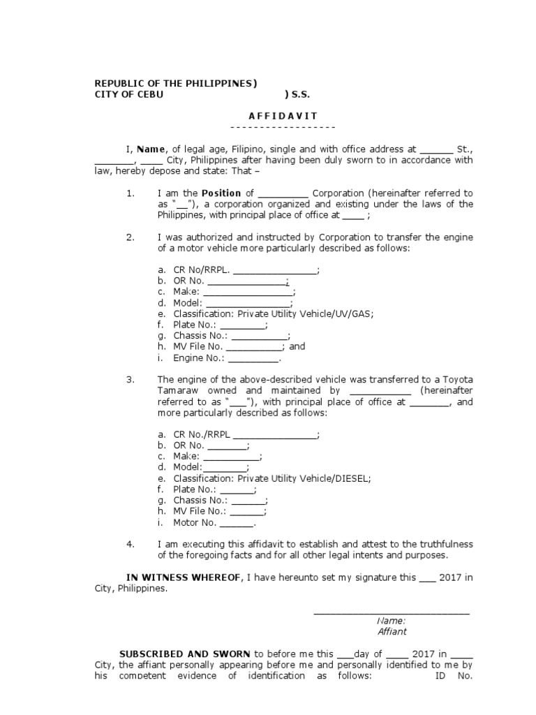 Affidavit of Change Engine (Sample) | Affidavit | Transportation ...