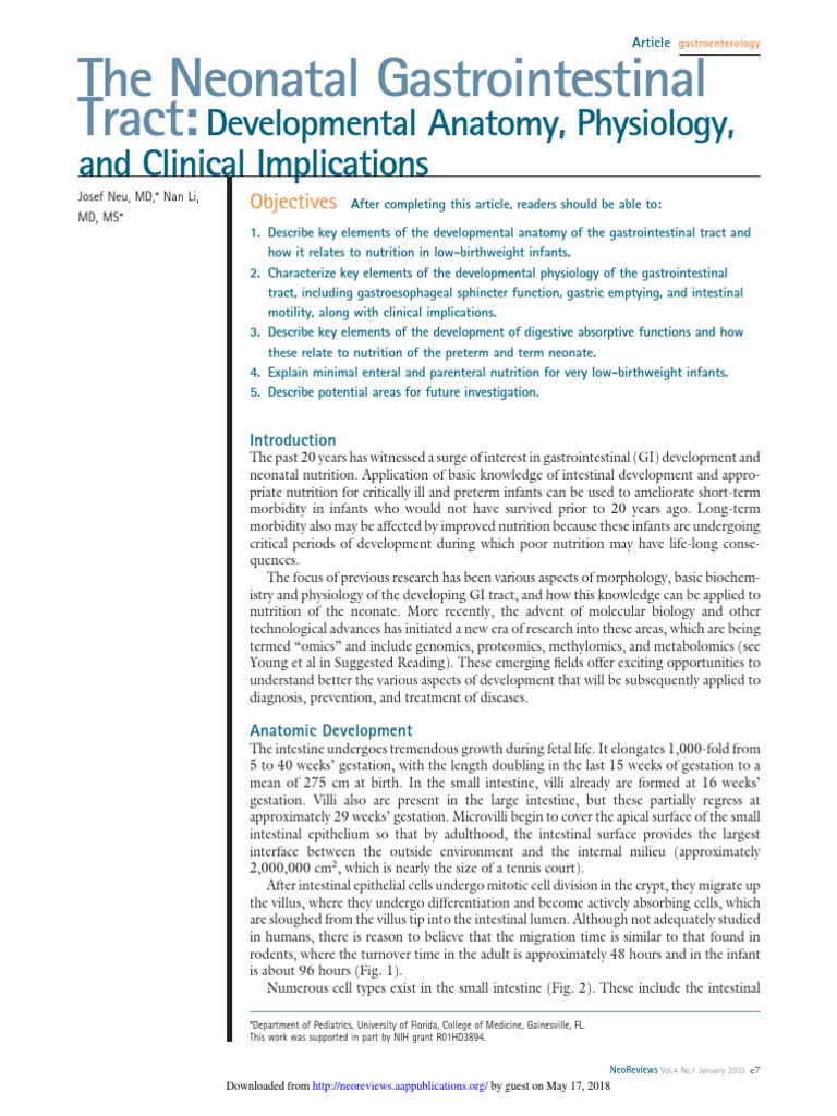 The Neonatal Gastrointestinal Tract:: Developmental Anatomy, Physiology ...