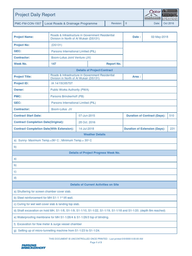 Project Daily Report: Local Roads & Drainage Programme | PDF ...
