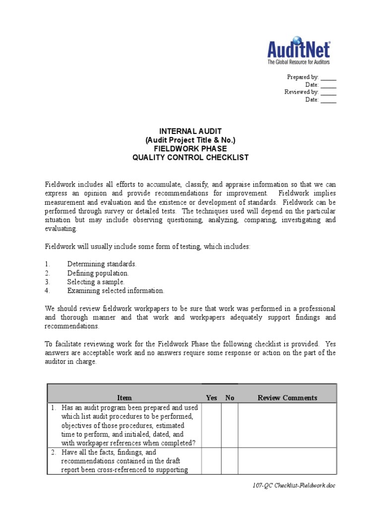 AuditNet 107-QC Checklist-Fieldwork | PDF | Field Research | Audit