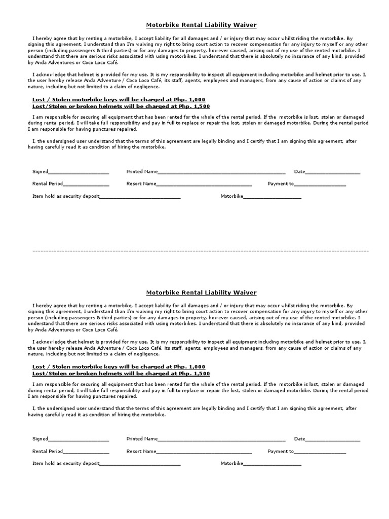 Motorbike Rental Liability Waiver | PDF | Damages | Negligence