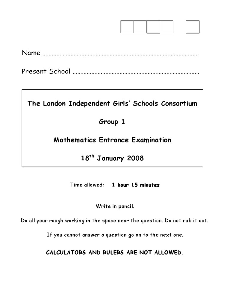 London Independent Girls School Consortium Group 1 Maths Paper 2008 ...