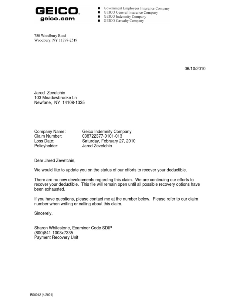 Geico Claim Update for Jared Zevetchin | PDF