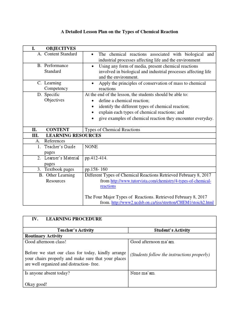 A Detailed Lesson Plan in Chemical Reactions | PDF | Chemical Reactions ...