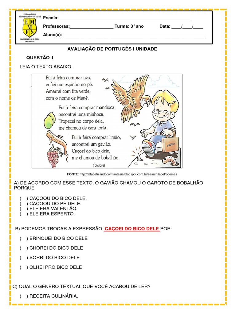 Avaliação de Português 3º Ano I Unidade | PDF