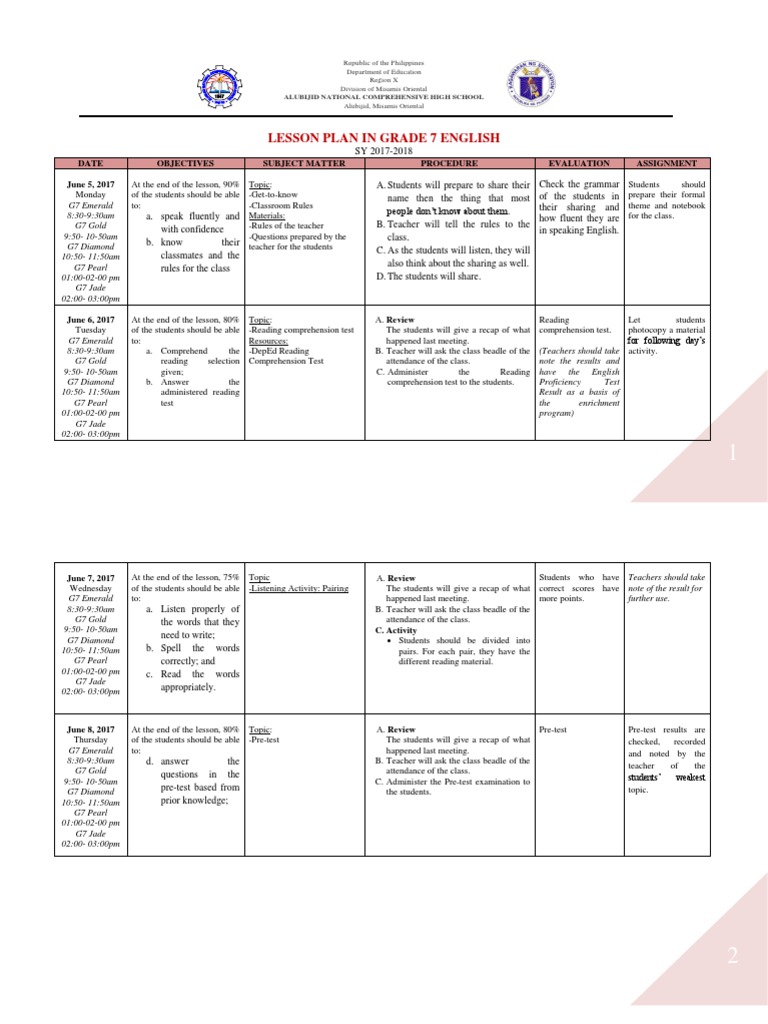 Lesson Plan 1st Week of Class | PDF | Lesson Plan | Reading Comprehension