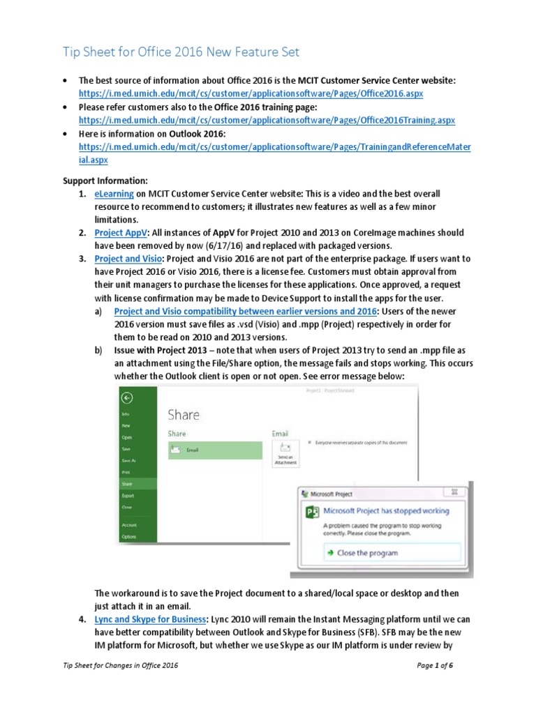 Tip Sheet For Office 2016 New Feature Set: Support Information: 1 ...