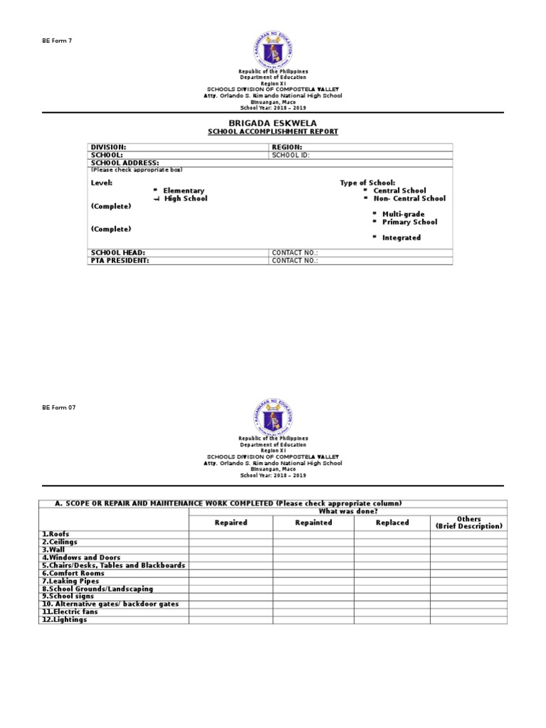 Be Form 7 - School Accomplishment Report | PDF | Volunteering