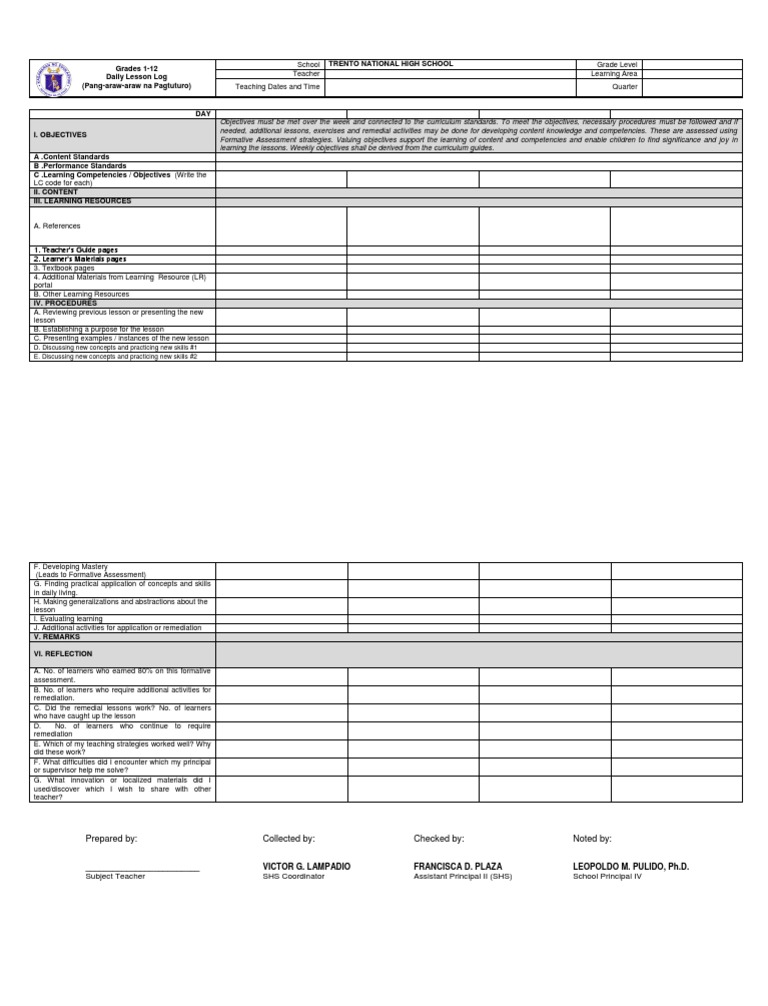 Daily Lesson Log Template for Tracking Teaching Objectives, Content ...