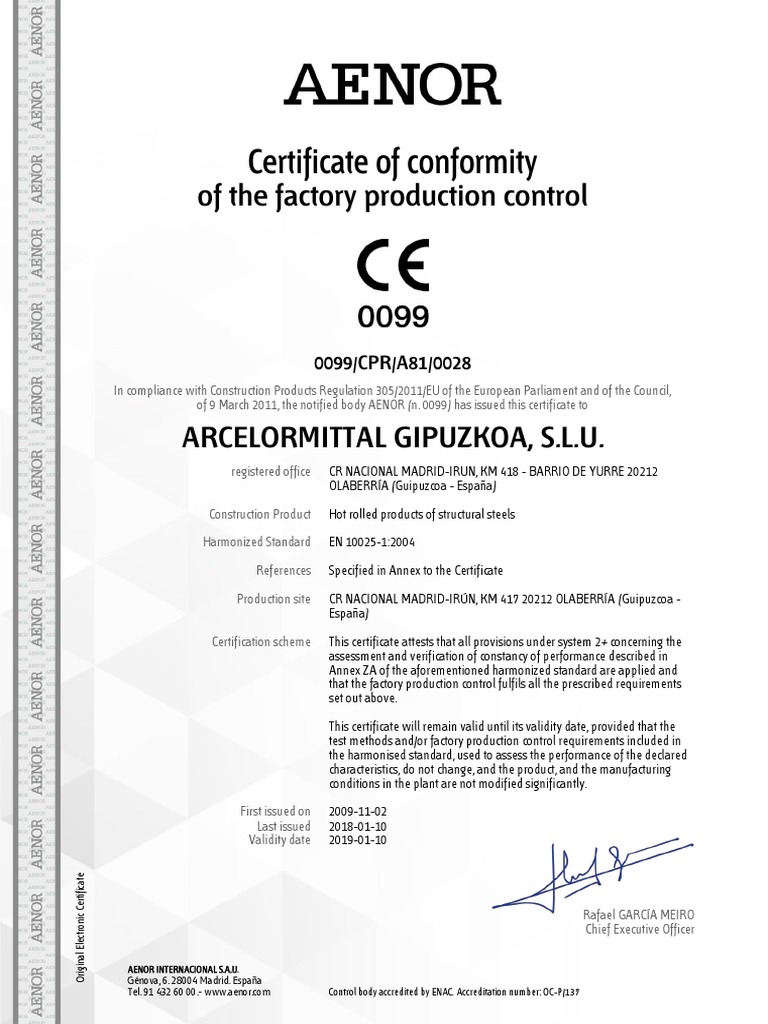 Certificate of Conformity: of The Factory Production Control | PDF ...