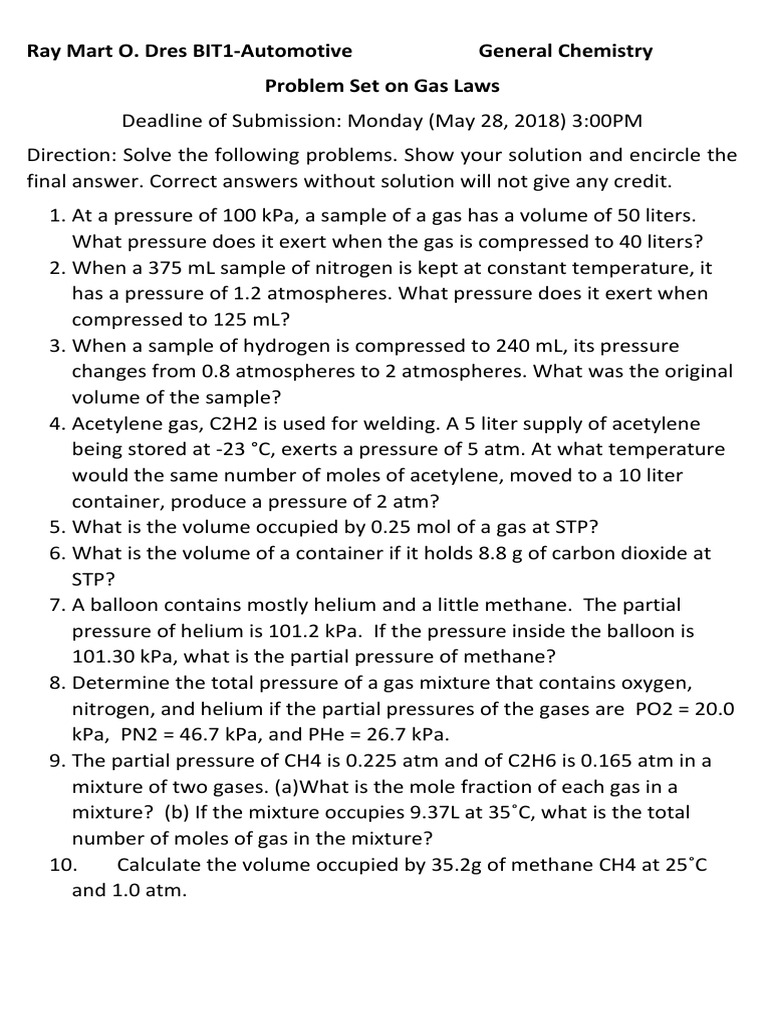 Gas Laws Problem Set and Solutions | PDF