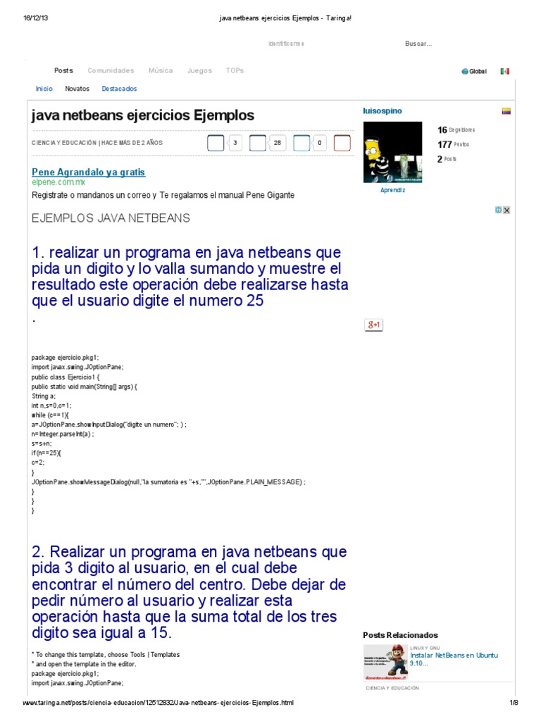 Java Netbeans Ejercicios Ejemplos Taringa PDF | PDF | Java (lenguaje de programación) | Software
