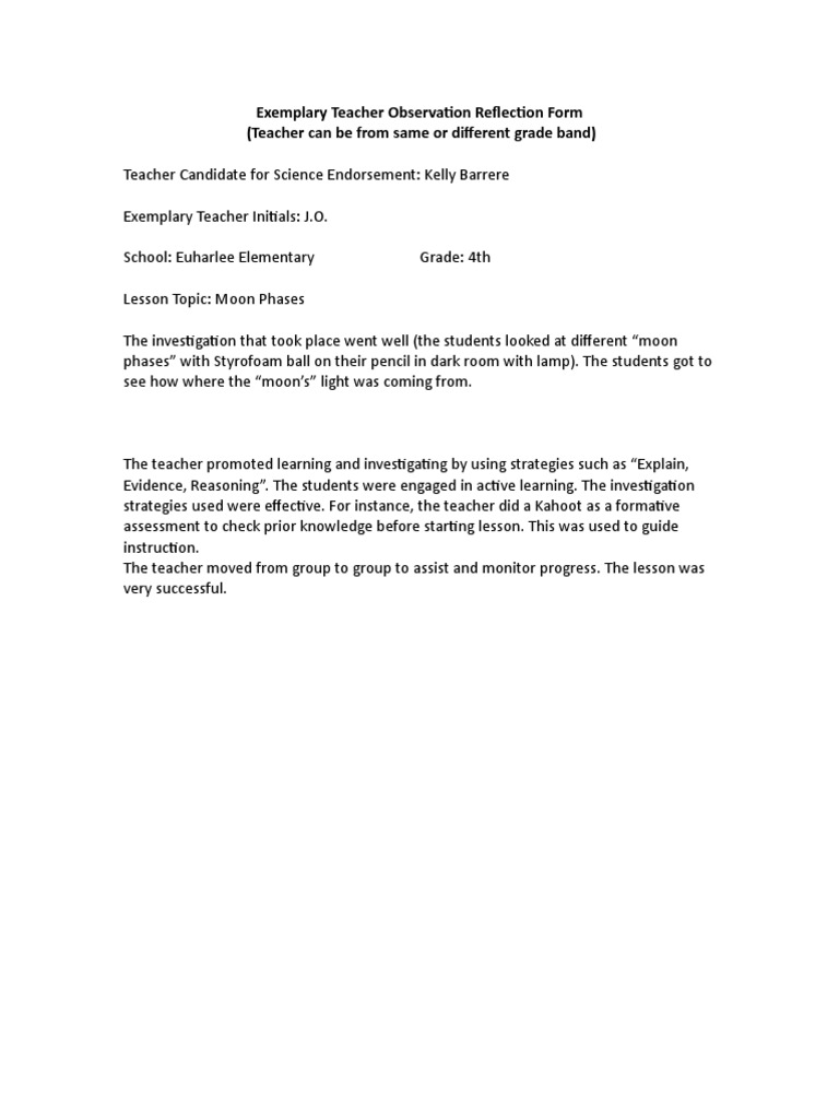 Exemplary Teacher Observation Reflection Form Used by Endorsement ...