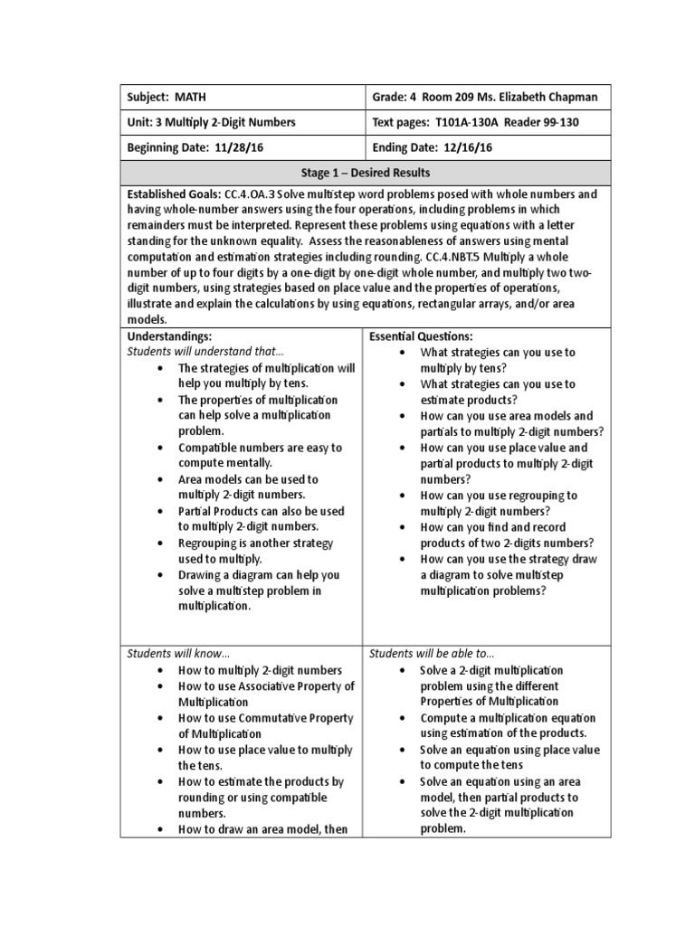 Ubd Math Lesson Plan Unit 3 | PDF | Multiplication | Equations