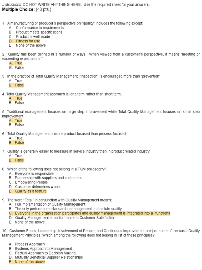 TQM Quiz 1 | PDF | Quality Management | Quality (Business)