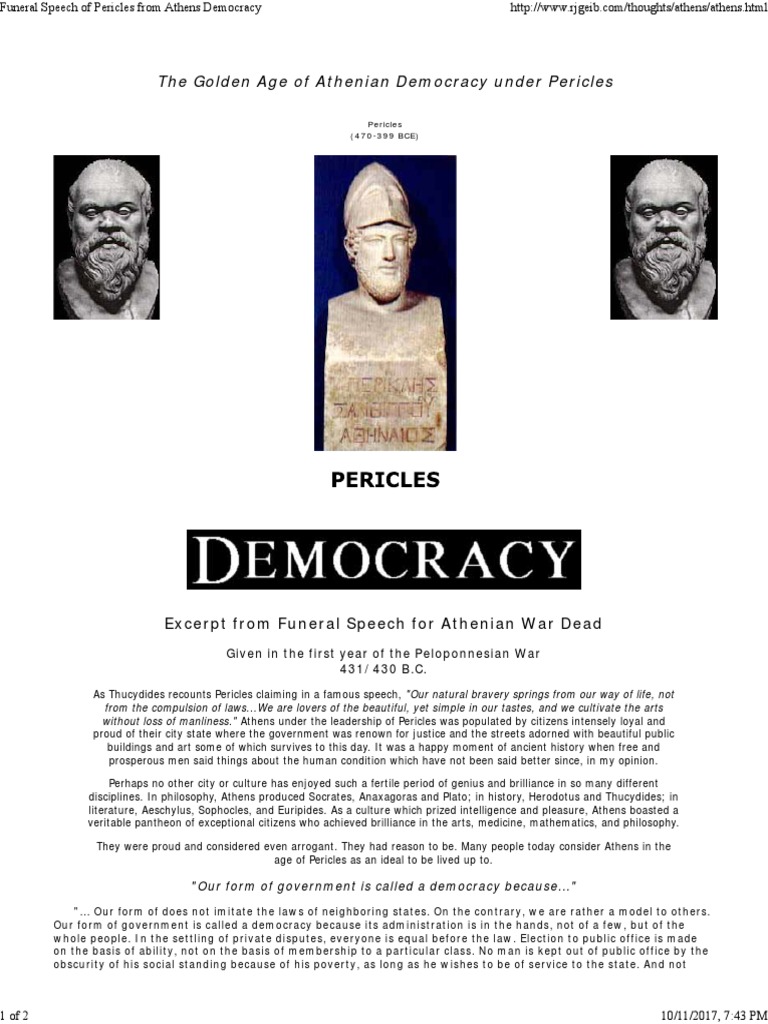 Funeral Speech of Pericles From Athens Democracy | PDF | Thucydides