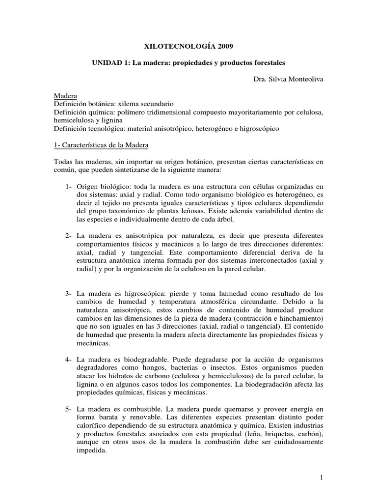 Clase 1 Xilo. Propiedades Madera | PDF | Pared celular | Madera