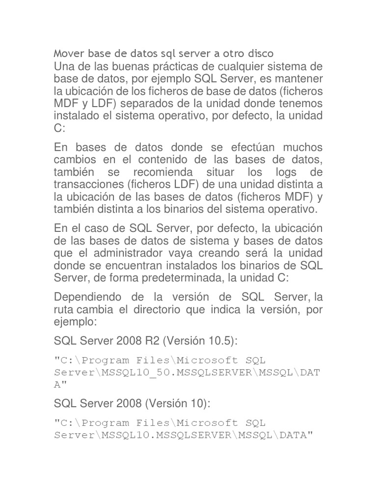 Mover base de datos SQL Server a otro disco | PDF | Servidor SQL de ...