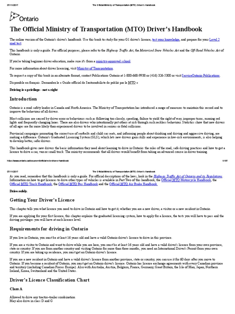 The Official Ministry of Transportation (MTO) Driver's Handbook | PDF ...