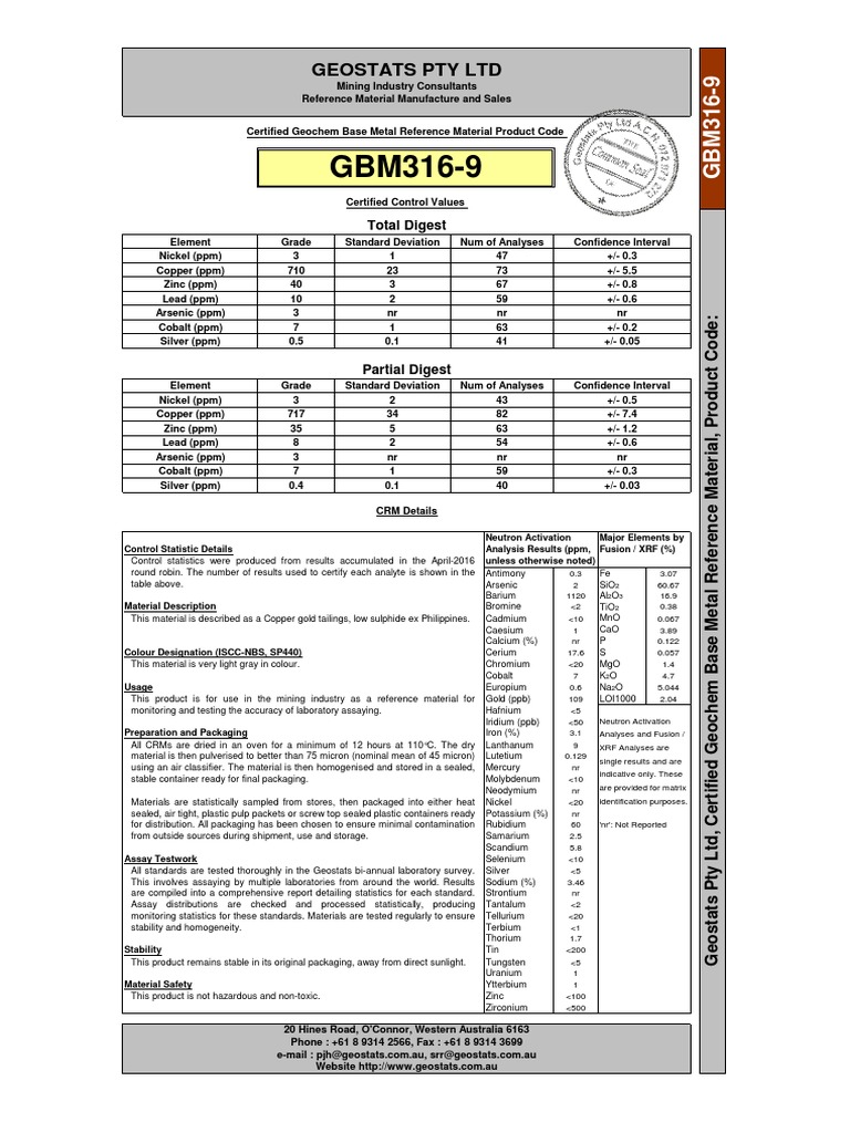 Geostats Pty LTD: Total Digest | PDF | Cobalt | Metallurgical Assay