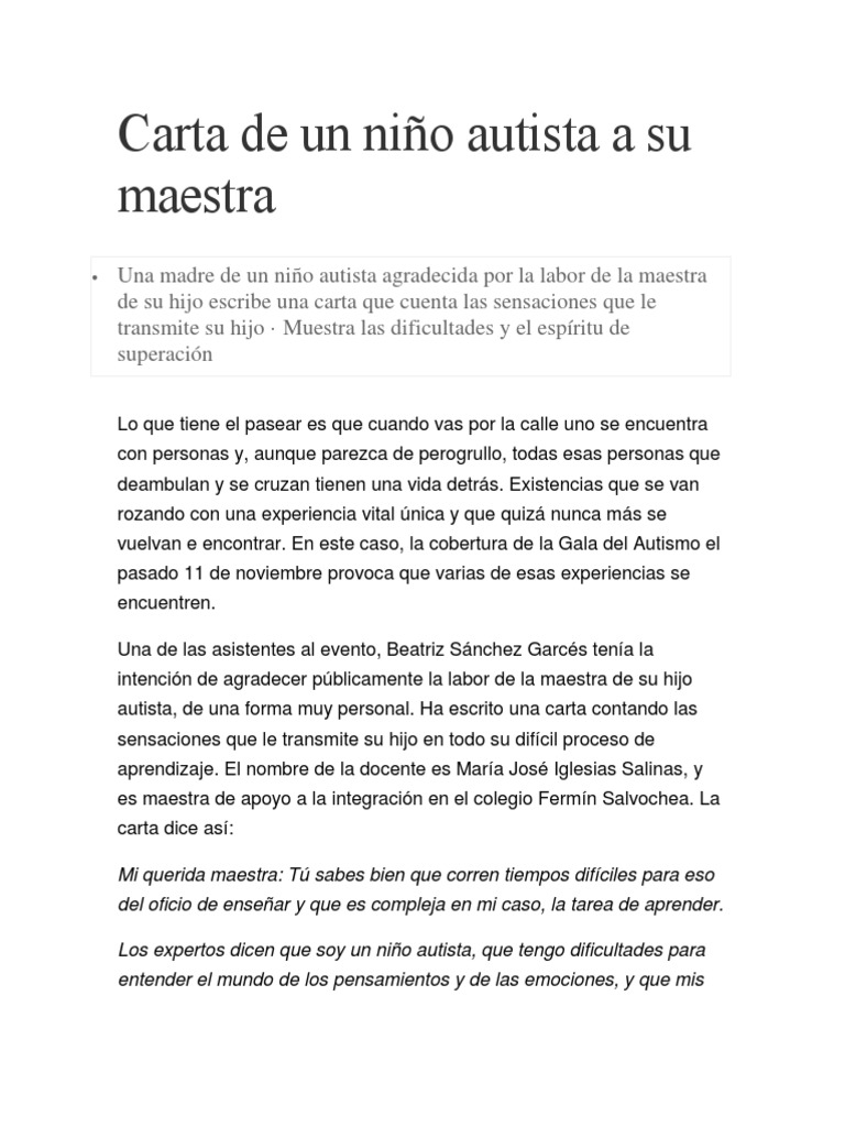 Carta De Un Niño Autista A Su Maestra Pdf Autismo Aprendizaje