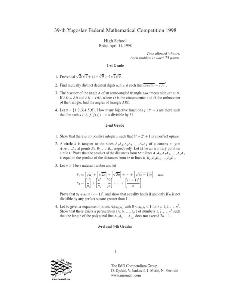 The 1998 Yugoslav Federal Mathematical Competition A Collection Of