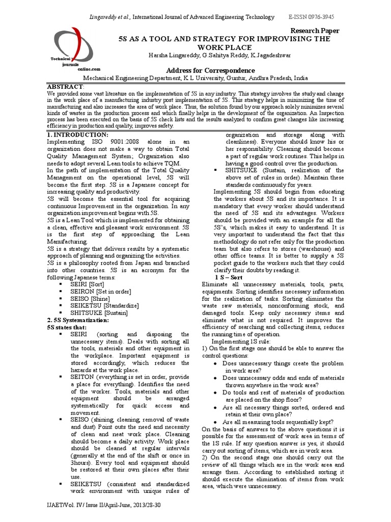 5S Strategy for Workplace Improvement | PDF | Lean Manufacturing ...