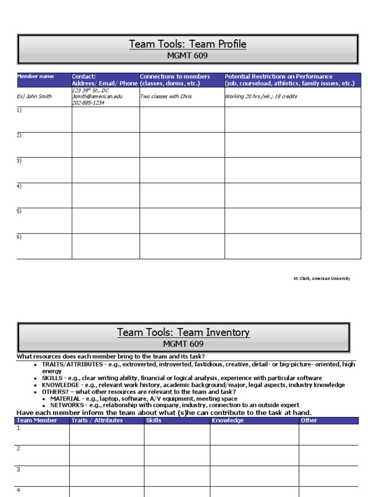 Team Tools: Team Profile: MGMT 609 | PDF | Norm (Social) | Goal