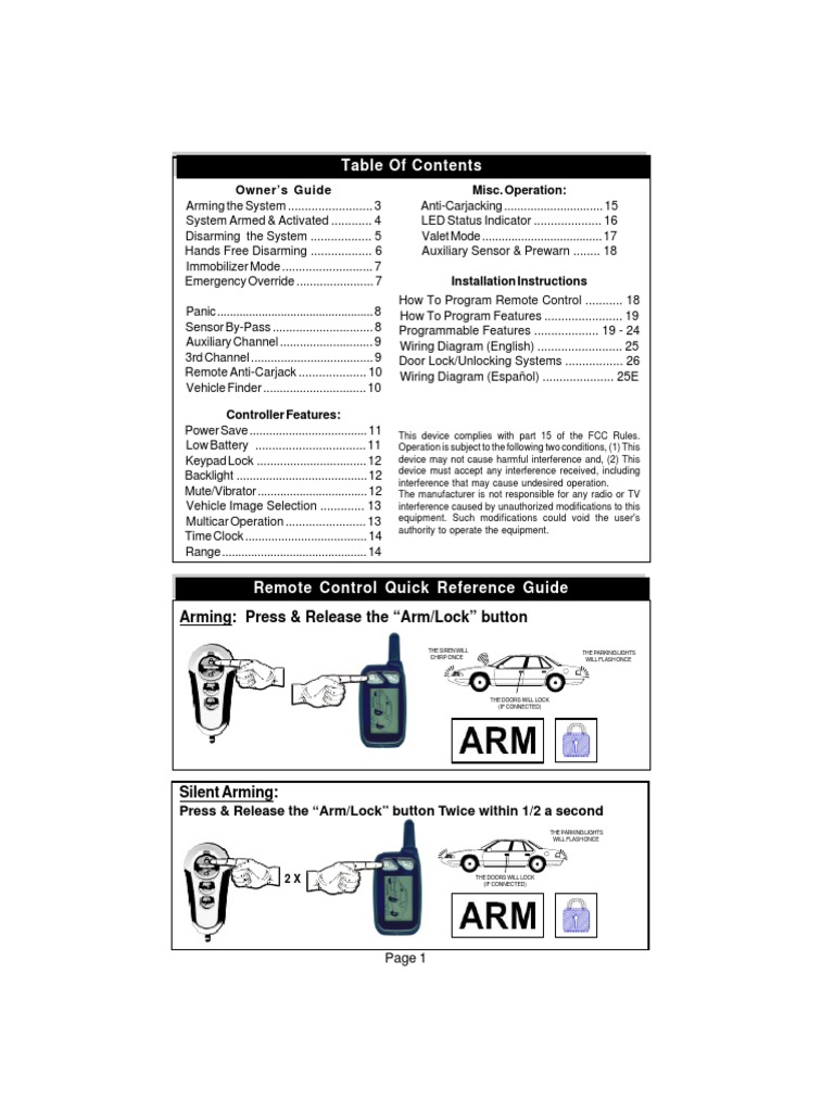 Owner's Guide Misc. Operation:: Arming: Press & Release The "Arm/Lock ...