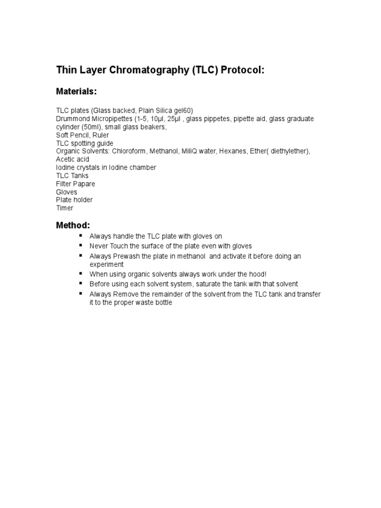 TLC Protocol. Daniel 5092011doc | PDF | Thin Layer Chromatography | Solvent