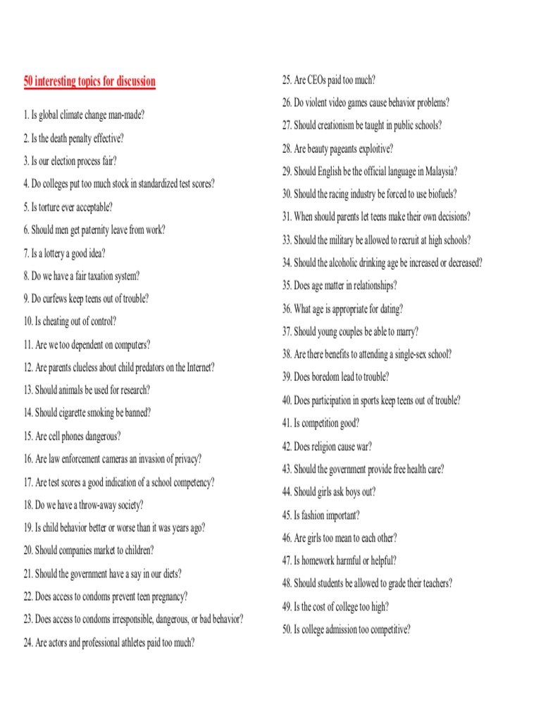 50 Interesting Topics For Discussion | PDF