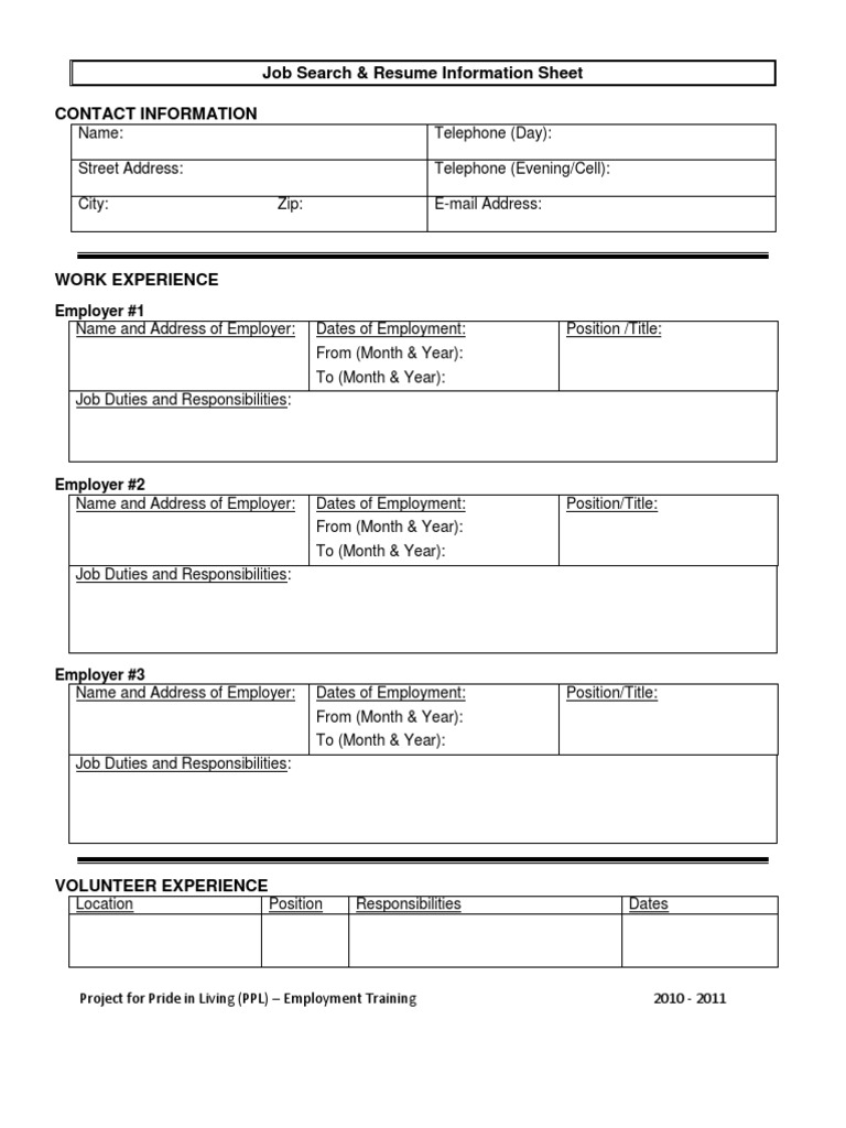 Job Search & Resume Information Sheet Contact Information: Employer #1 ...