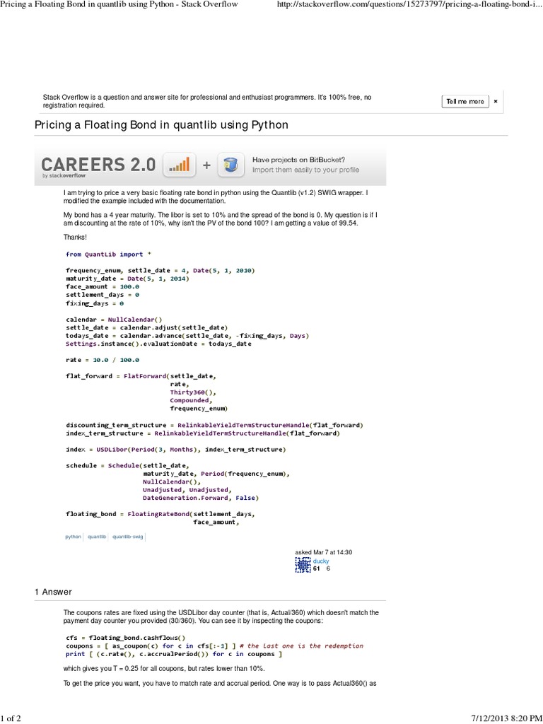 Pricing A Floating Bond In Quantlib Using Python Stack Overflow Pdf Coupon Bond Bonds 