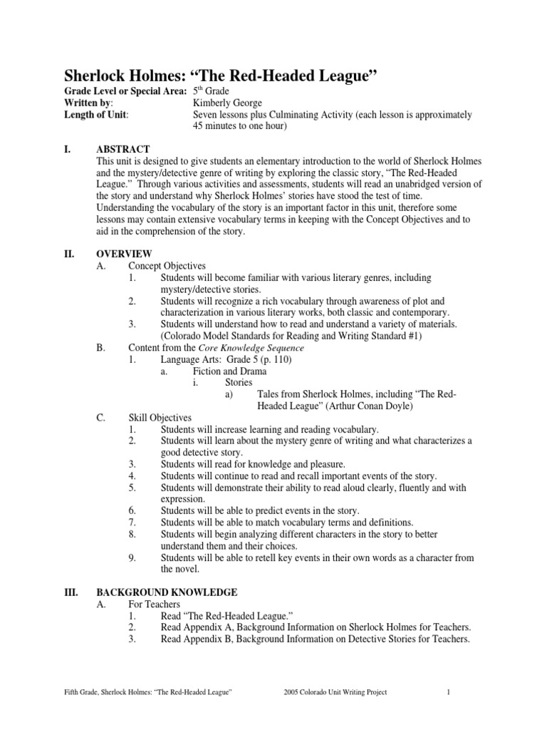 The Red Headed League Lesson Plan | PDF | The Red Headed League ...