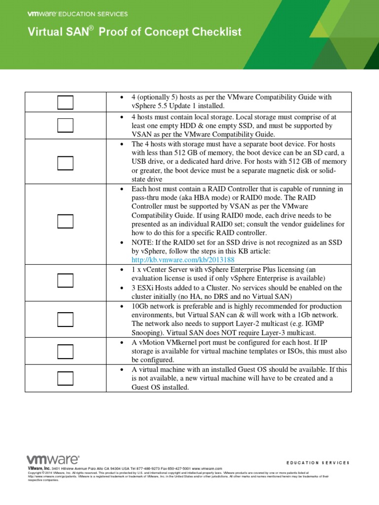 Proof of Concept Checklist | V Mware | Solid State Drive