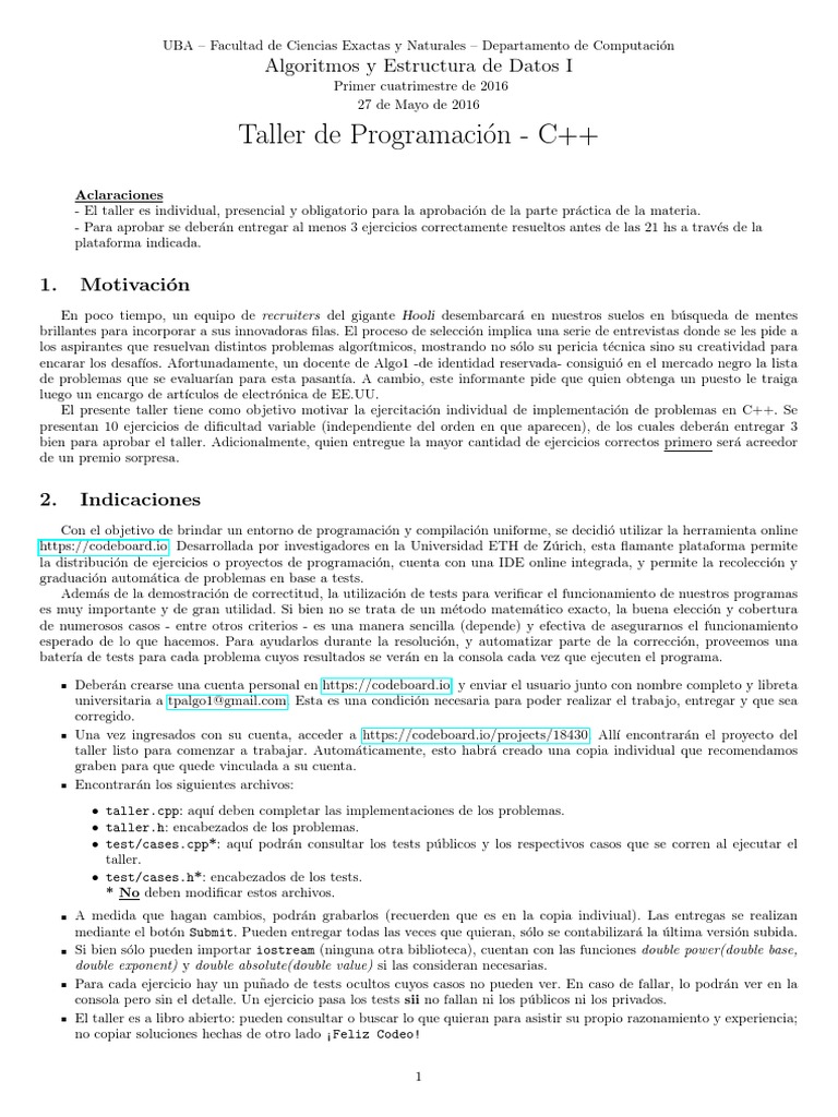 Taller de Programacion - Enunciado PDF | PDF | C ++ | Programación de ...