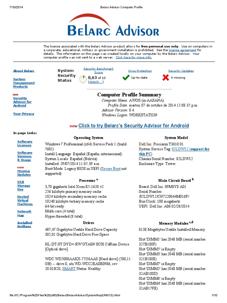 Computer Profile Summary: Click To Try Belarc's Security Advisor For ...