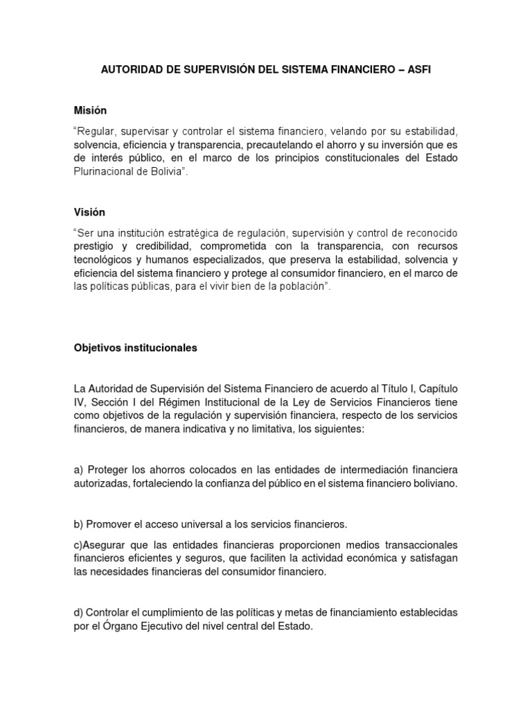 Objetivos institucionales de la Autoridad de Supervisión del Sistema Financiero de Bolivia (ASFI ...