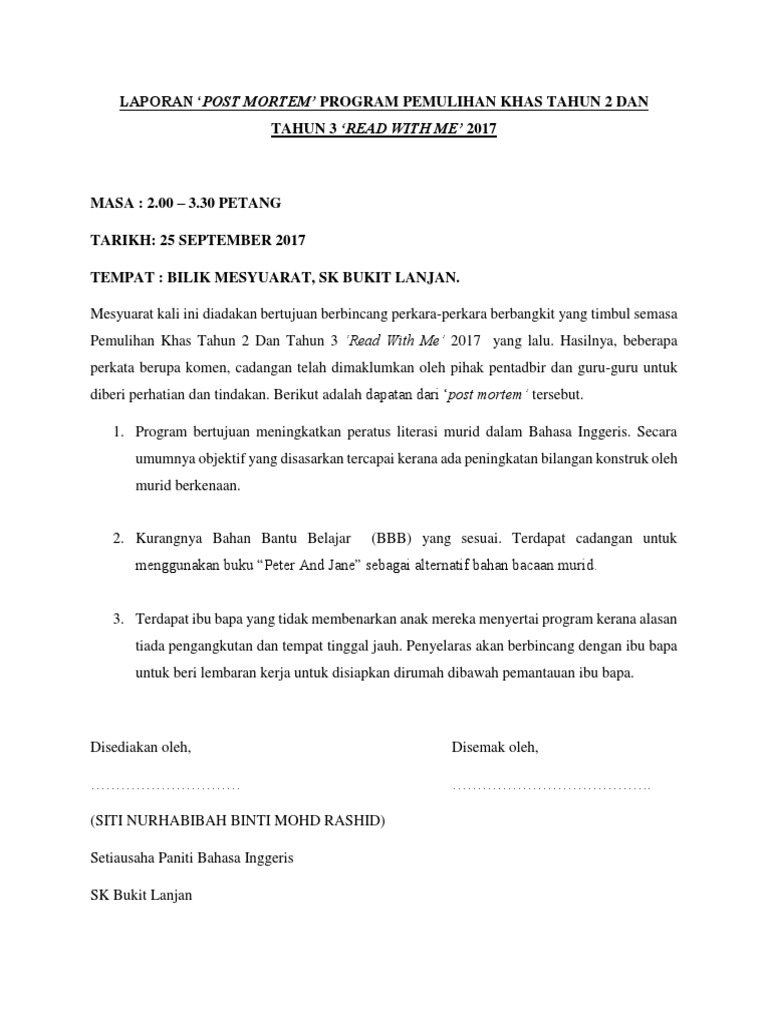 Laporan Post Mortem' Program Pemulihan Khas Tahun 2 Dan Tahun 3 Read ...