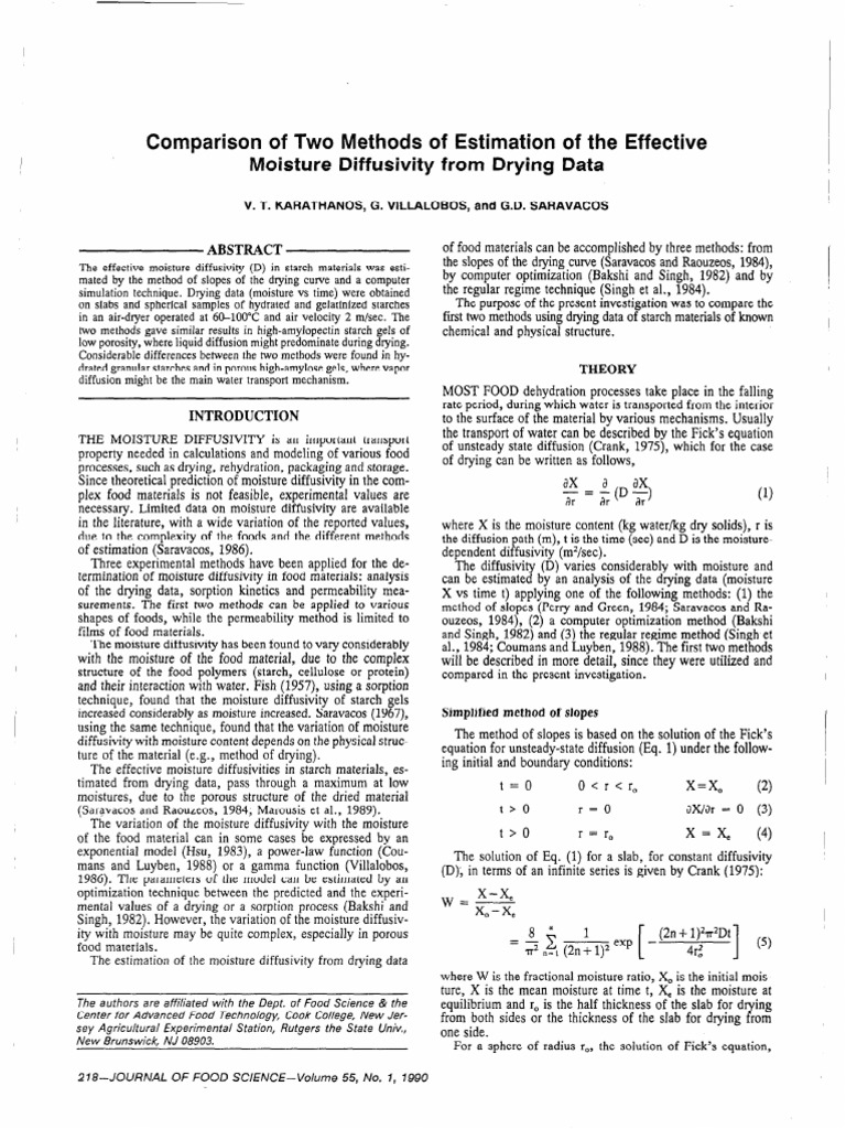 Comparison of Two Methods of Estimation of The Effective Moisture Diffusivity From Drying Data ...