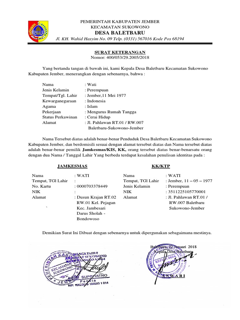 Surat Keterangan Beda Nama | PDF