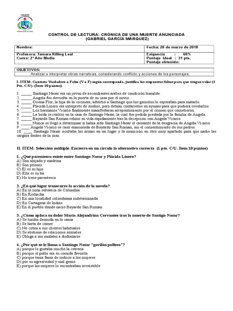 Control de Lectura Cronica de Una Muerte Anunciada1 | PDF