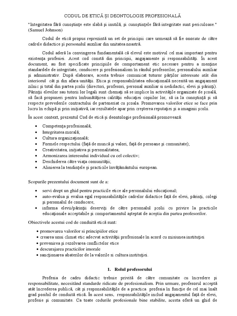 CODUL de ETICA Al Cadrului Didactic | PDF