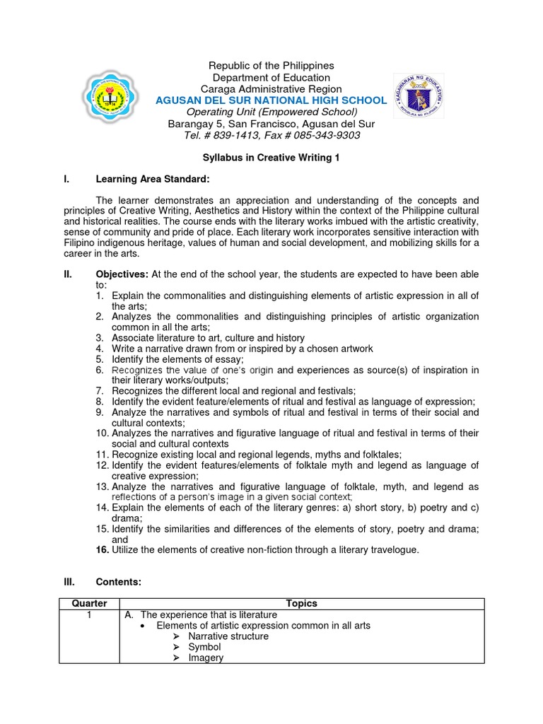 Creative Writing Syllabus for Agusan del Sur | PDF | Verb | English ...