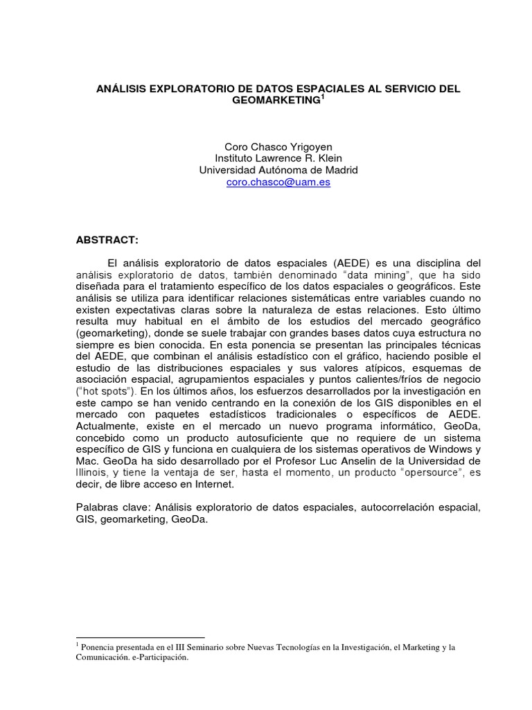 Análisis Exploratorio De Datos Espaciales Al Servicio Del Geomarketing