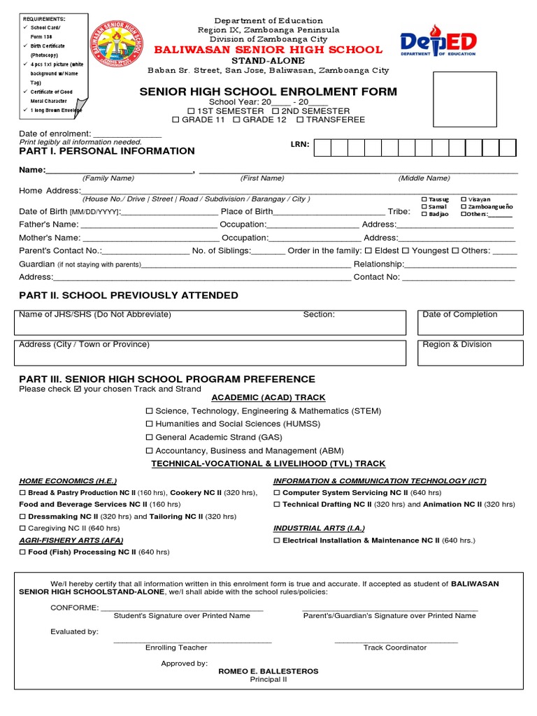 SHS Enrolment Form | Behavior Modification