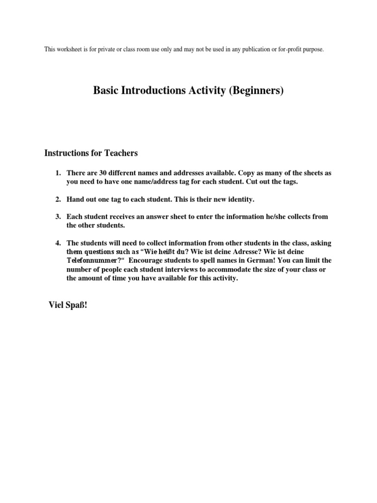 Basic Introductions Activity (Beginners) : Instructions For Teachers | PDF